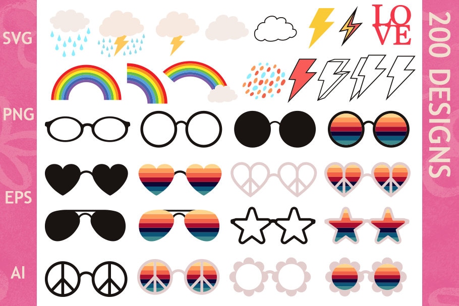 200 Retro Clipart and Cut Files, 70s Hippie, Groovy, Boho, Cute Clipart ...