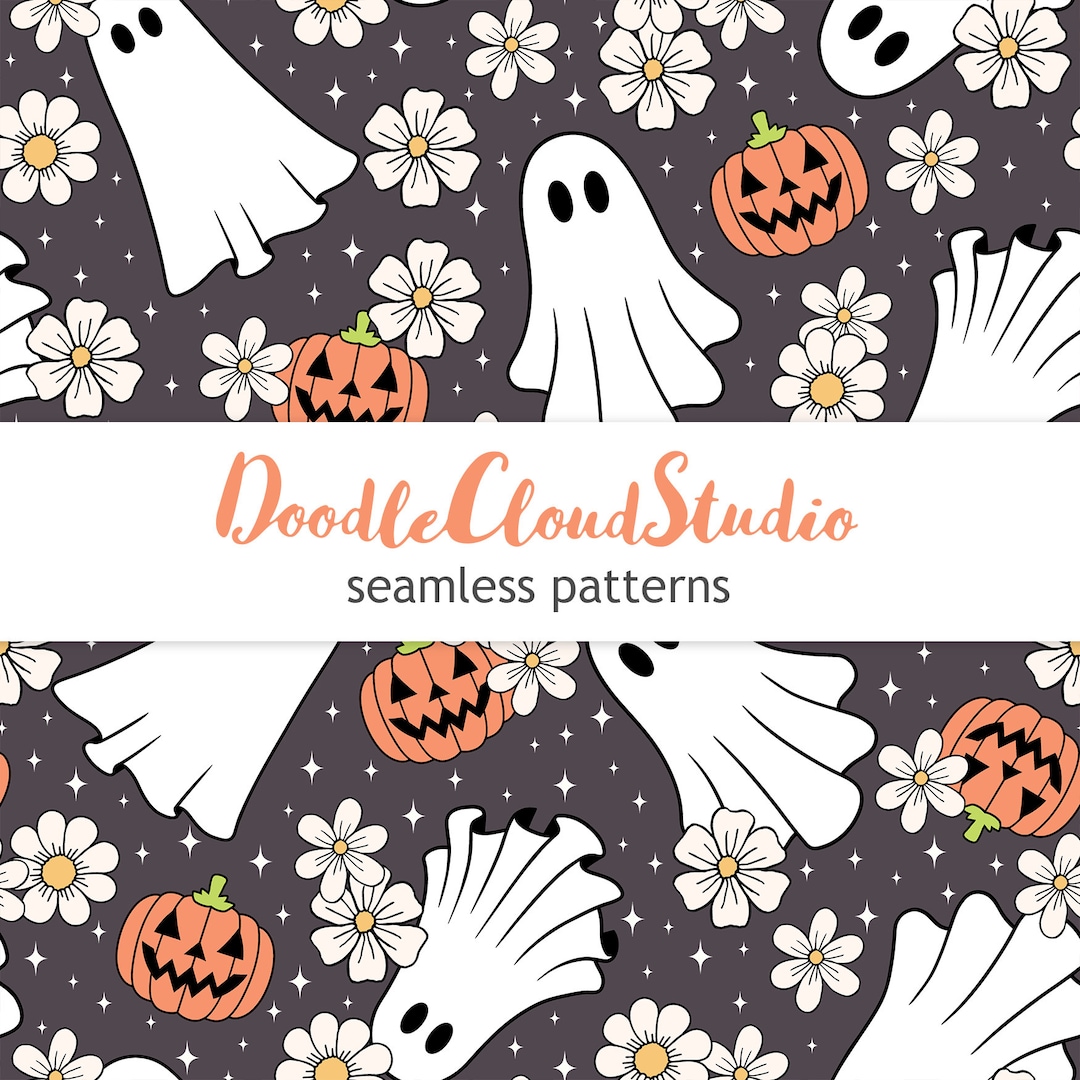 Floral Halloween Seamless Pattern, Ghost, Pumpkin, Halloween Spooky ...