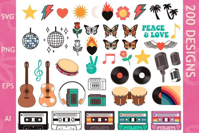 200 Retro Clipart and Cut Files, 70s Hippie, Groovy, Boho, Cute Clipart ...