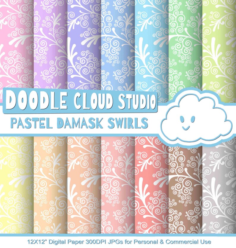 Pastel Damask Swirls digital paper Swirls pattern Digital | Etsy