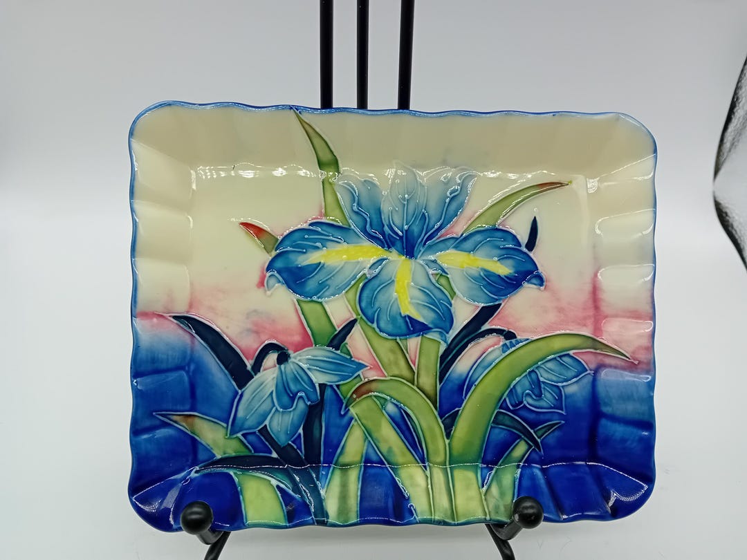 Old Tupton Ware Hand Painted Rectangular Trinket Dish Blue Iris Floral ...