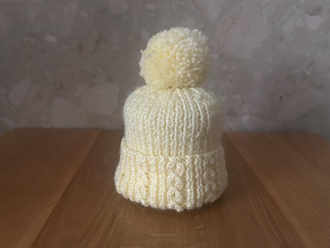 Baby or Children’s Hand Knit Bobble Hat With Patterned Trim Preemie to ...