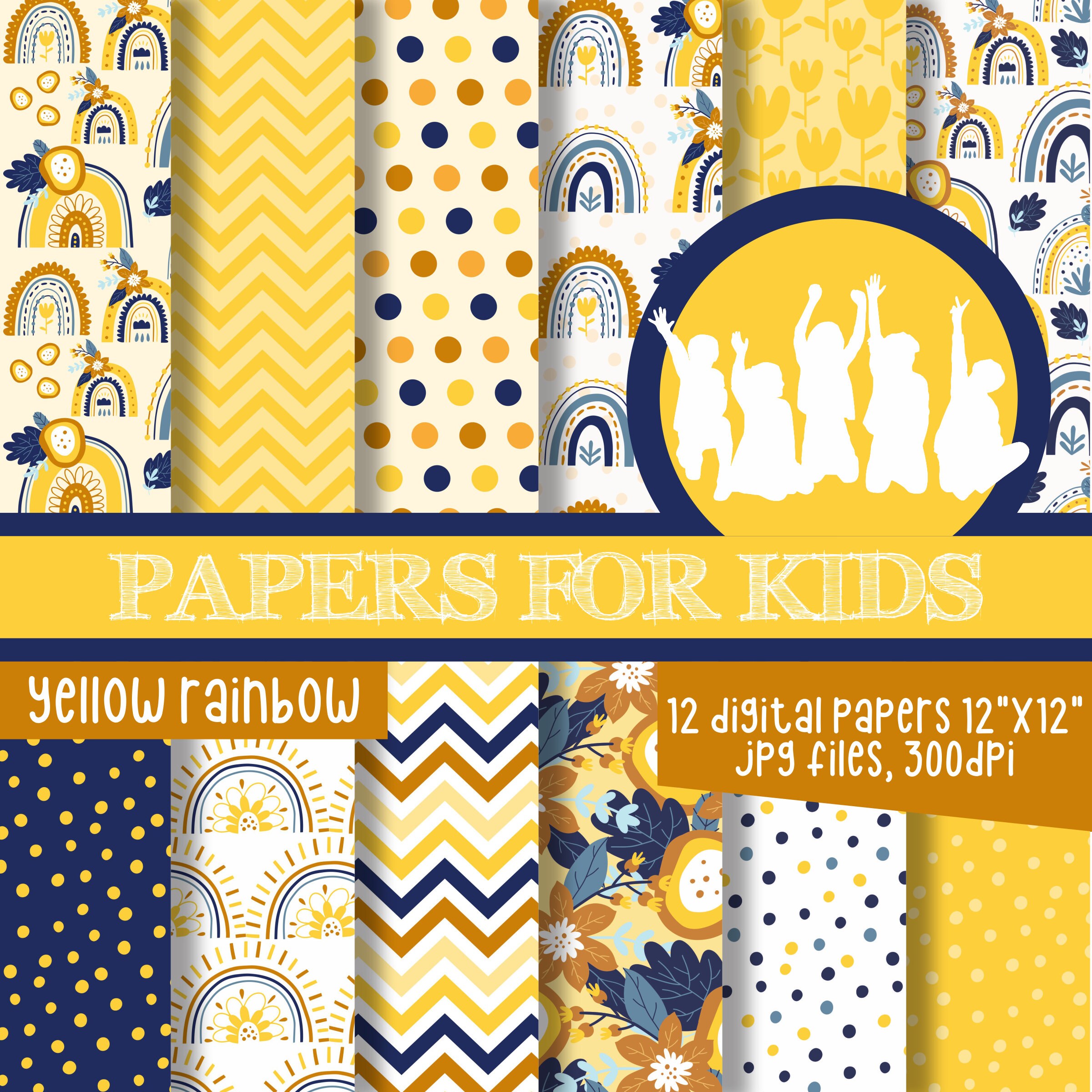 Blue and Yellow Rainbow, Digital Paper, Birthday, Yellow and Blue ...
