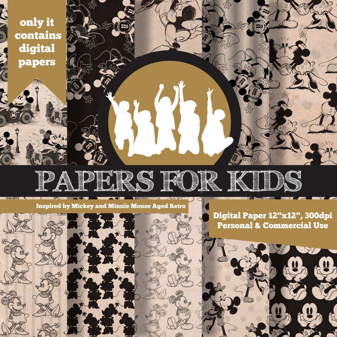 Digital Papers, Mickey and Minnie Mouse Aged Retro, Kids, Invitation ...
