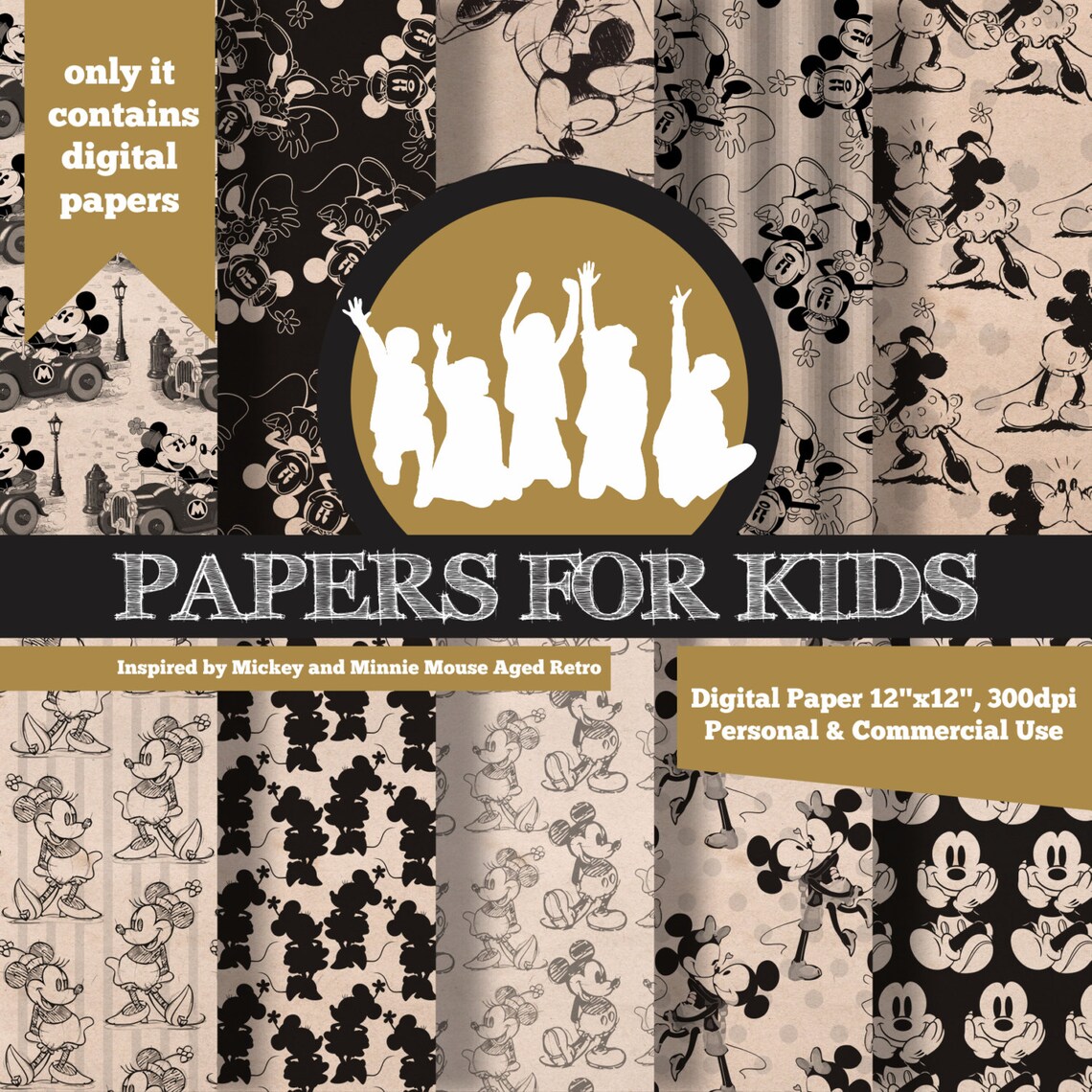 Digital Papers Mickey and Minnie Mouse Aged Retro Kids | Etsy