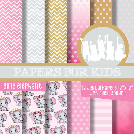 Girly Elephant Cute Animals Digital Paper Birthday - Etsy
