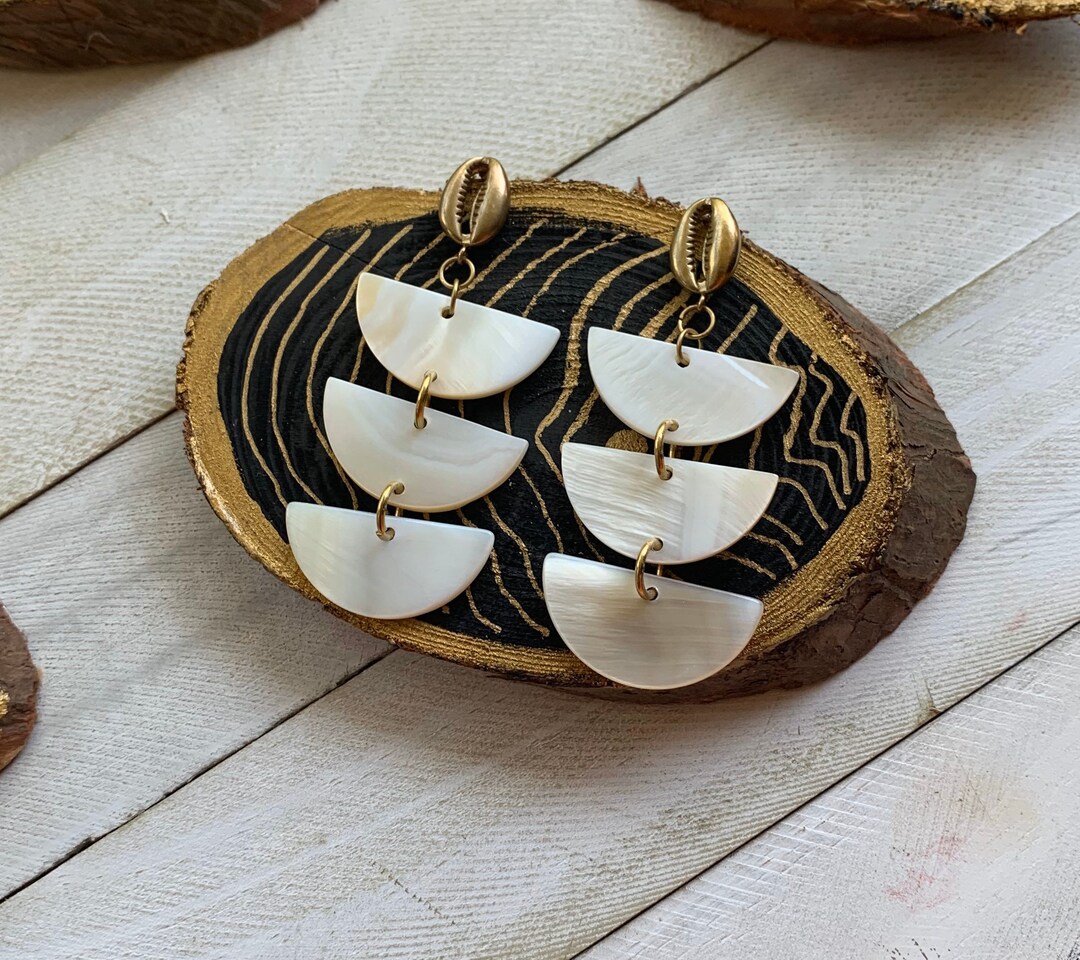 Brass and Cowrie Shell Statement Earrings Brass Geometric - Etsy