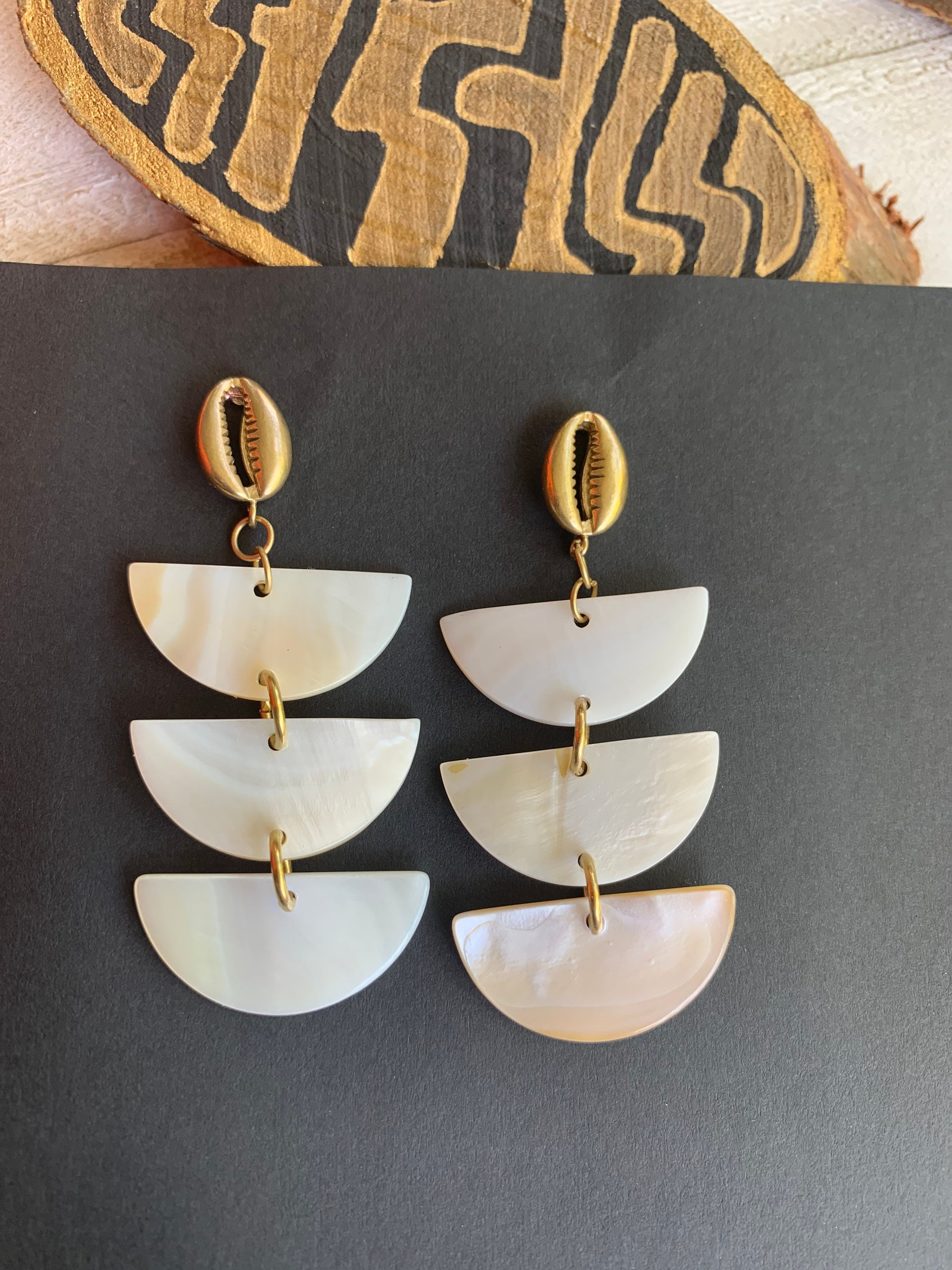 Brass and Cowrie Shell Statement Earrings Brass Geometric - Etsy