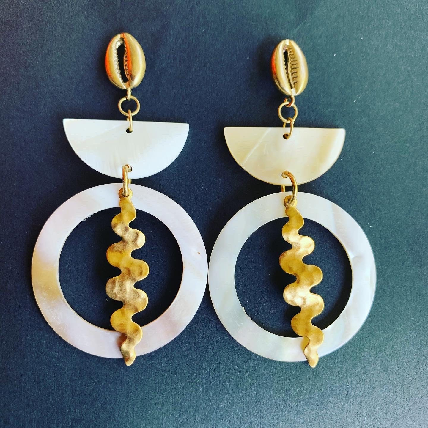 Brass and Cowrie Shell Statement Earrings Brass Geometric | Etsy