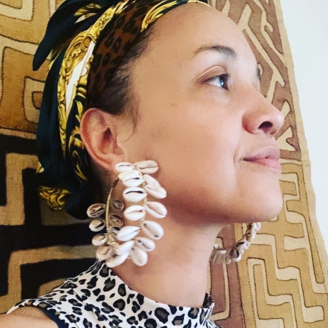 Big Cowrie Shell Hoop Earrings, Gold Colored Wire, Statement Earrings ...