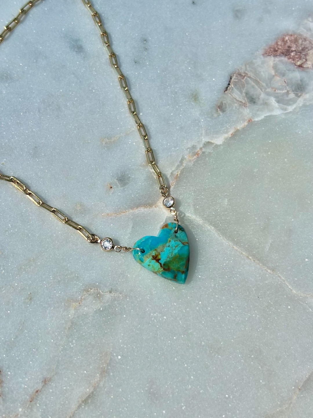 14k Gold- Filled Mohave Turquoise Stone Heart Crystal Necklace Wire ...