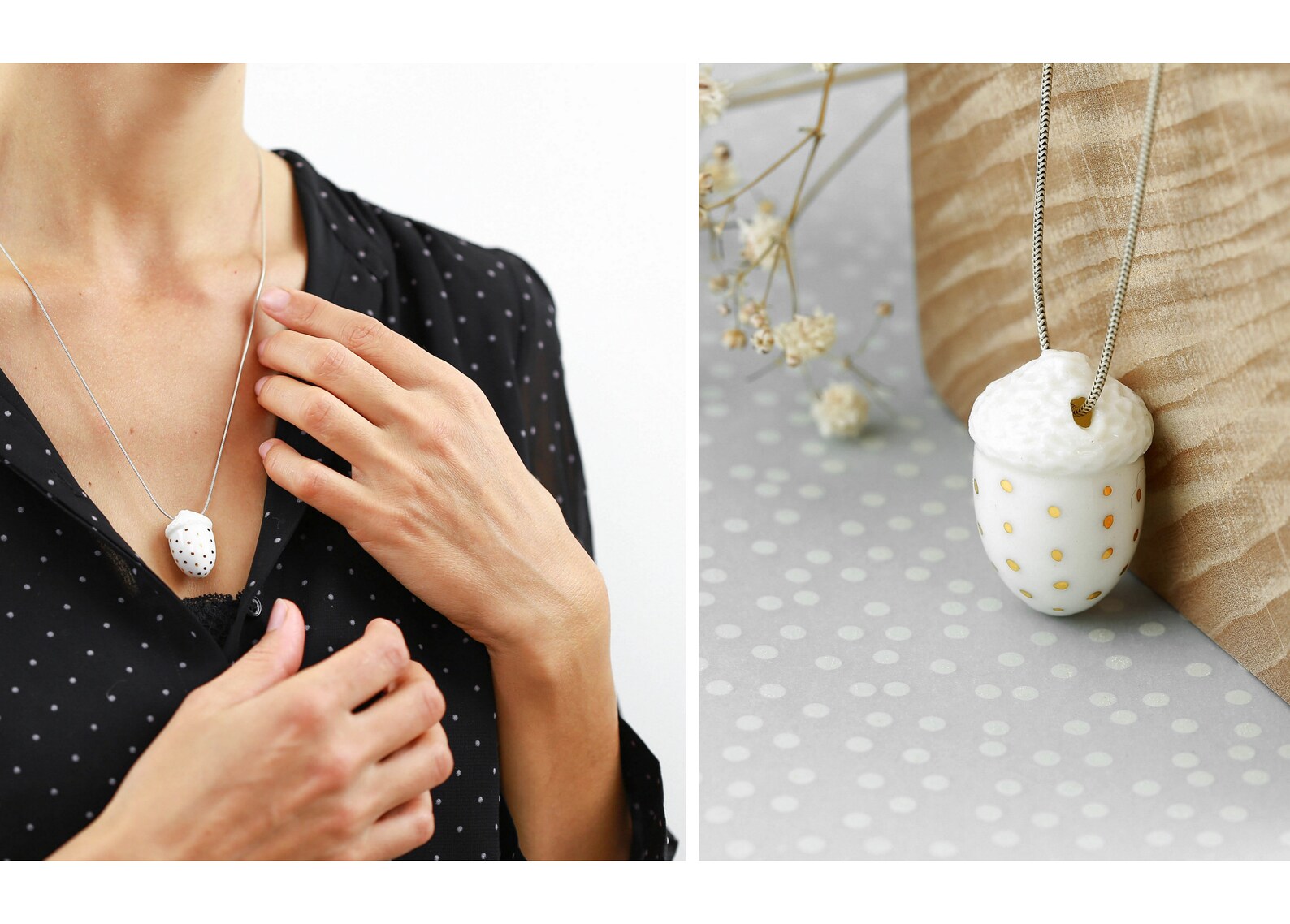 Porcelain Dainty Jewelry. White&gold.ceramic Delicate Acorn Pendant ...