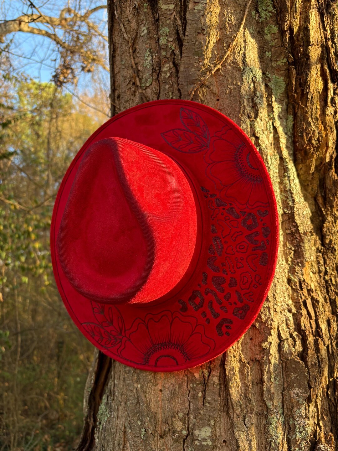 Red Hand-burned Wide Brim Rancher Hat With Flowers, Leopard Print ...