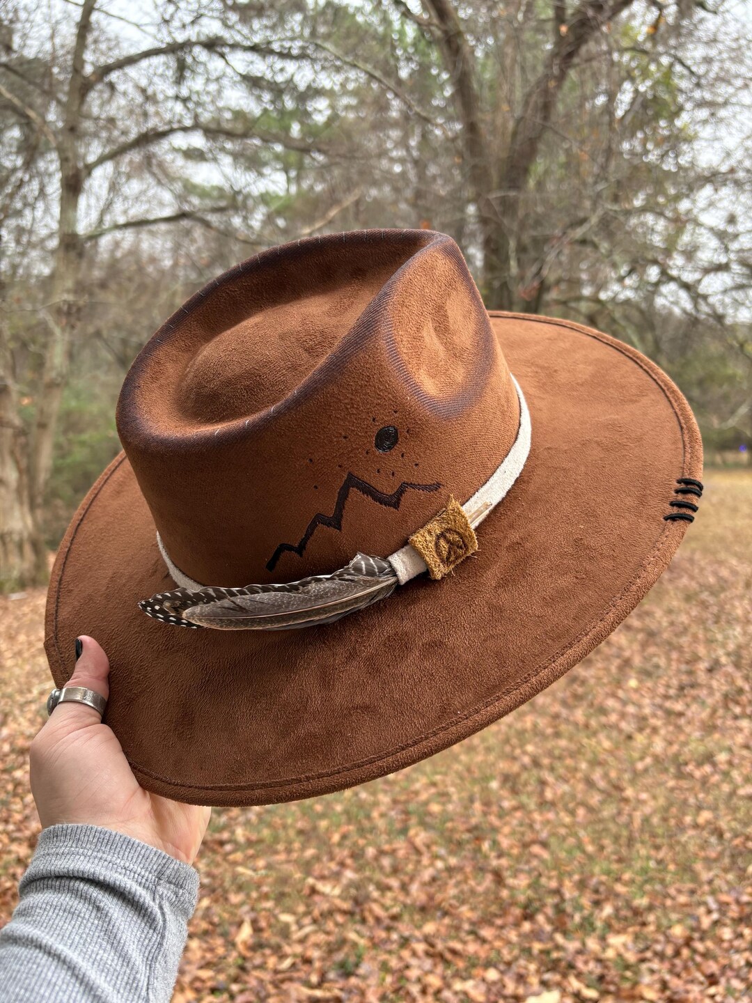 Caramel Hand-burned Wide Brim Rancher Hat With Mountains, Sun, Peace ...