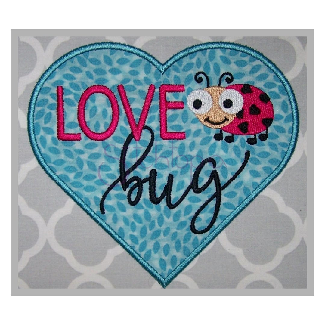 Valentine's Day Love Bug Applique Design - 7 Sizes 10 Formats PES DST ...