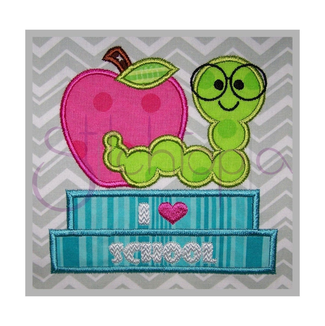 Bookworm With Apple Applique - 6 Sizes 10 Formats: Dst Exp Hus Jef Pes ...