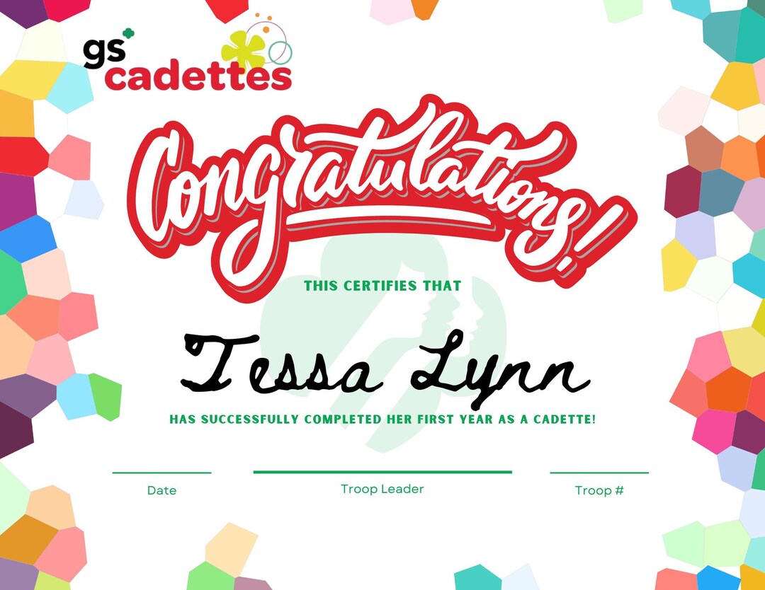 Girl Scouts First Year Cadette Completion Certificate - Etsy