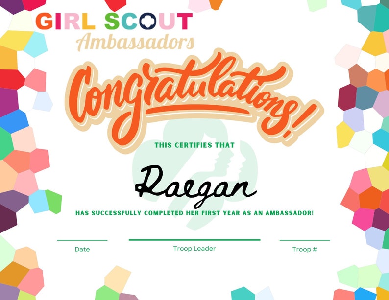 Girl Scouts First Year Ambassador Completion Certificate - Etsy