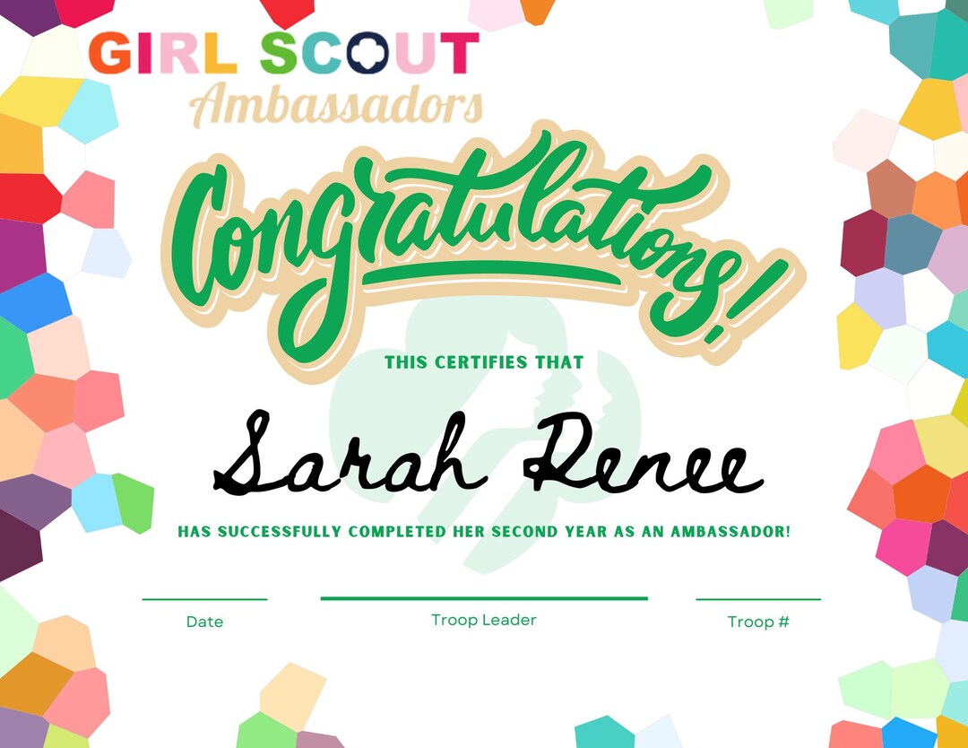 Girl Scouts Second Year Ambassador Completion Certificate - Etsy