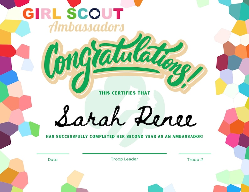 Girl Scouts Second Year Ambassador Completion Certificate - Etsy
