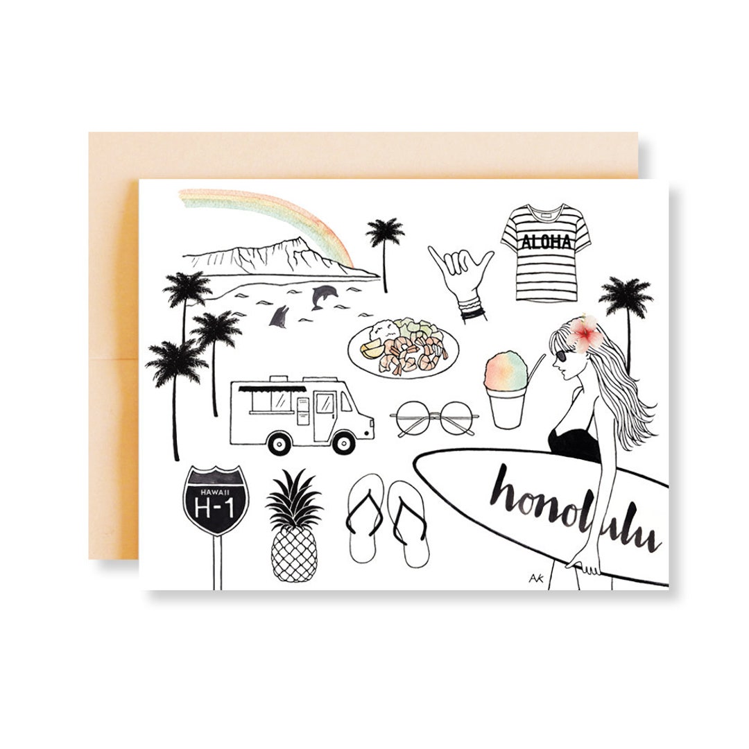Oahu Honolulu Card/ Hawaii Illustration Card/ Oahu Birthday Card ...
