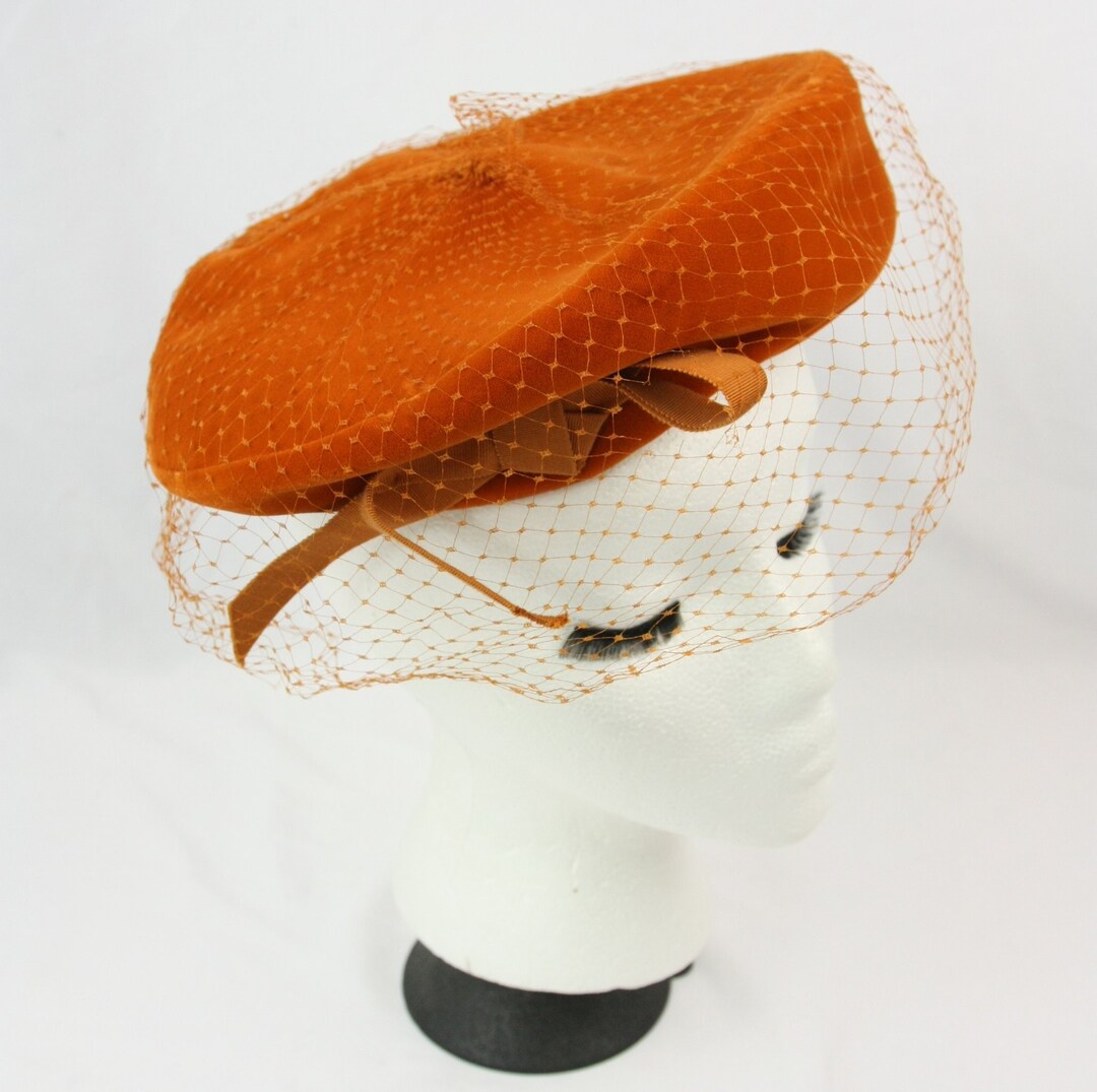 Vintage Orange Rust Velvet Netted Pillbox Beret Hat With Bow Union Made ...