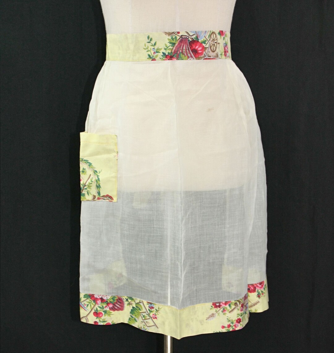 Vintage Sheer Floral Kitchen Hostess Half Apron Tie Back With Pocket ...