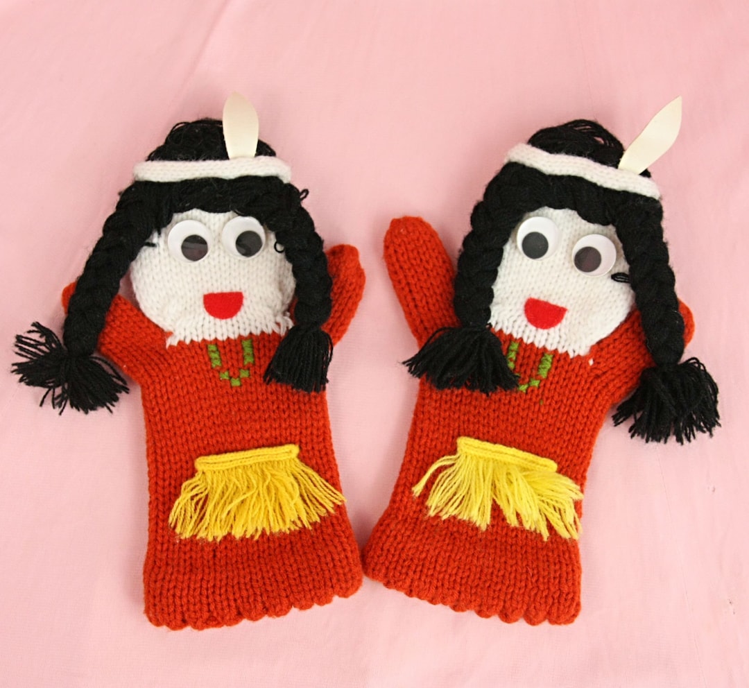 Vintage Girls Indian Native American Knit Knitted Puppet Mittens With ...