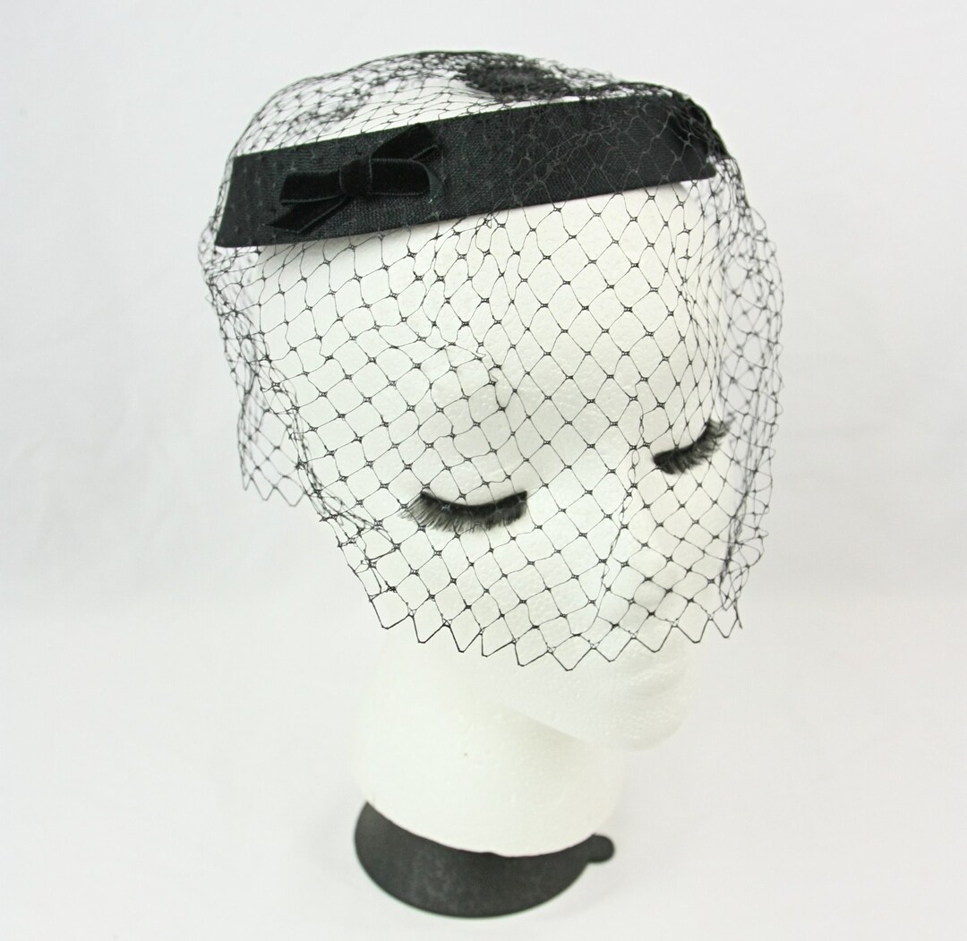 Vintage Netted Veil Black Velvet Bow Trim Halo Hat Fascinator Formal ...