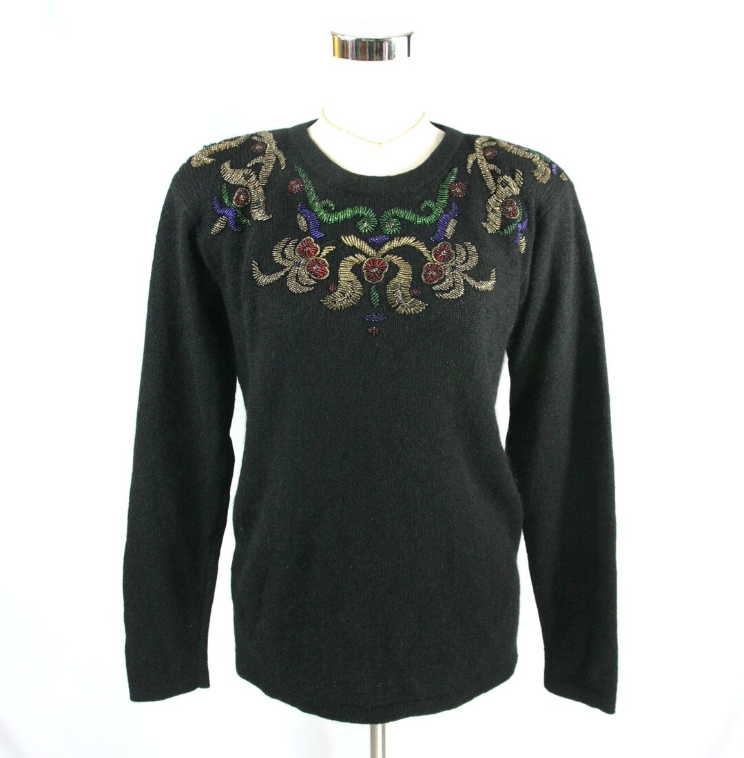 Vintage Silk Angora Wool Beaded Fancy Floral Swirl Soft Sweater Black ...