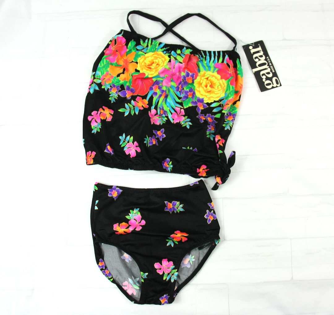 Vintage Deadstock Gabar Neon Floral Two Piece Tankini Swim Bathing Suit ...