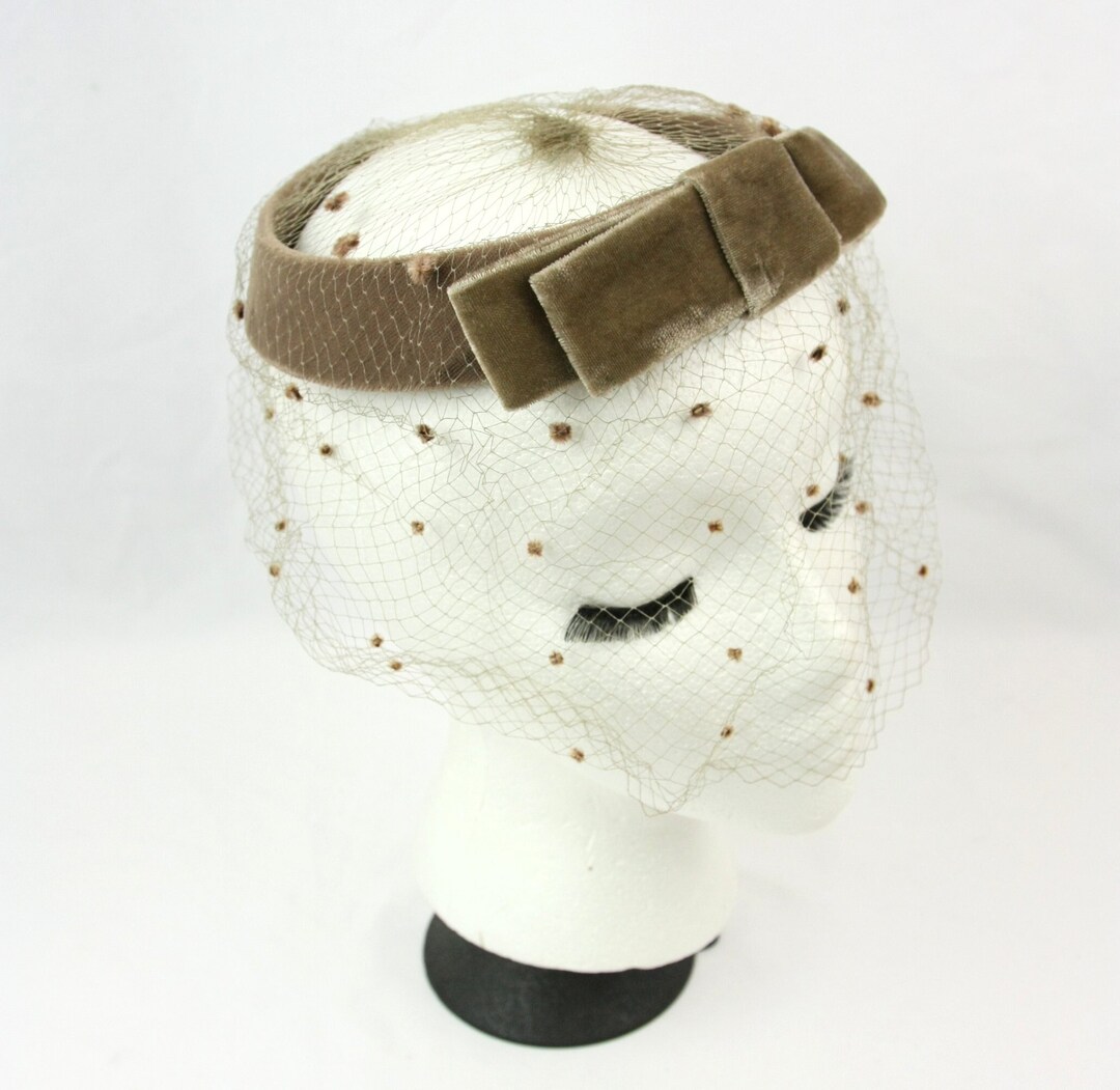 Vintage Netted Veil Velvet Velour Halo Hat Fascinator Formal Brown ...