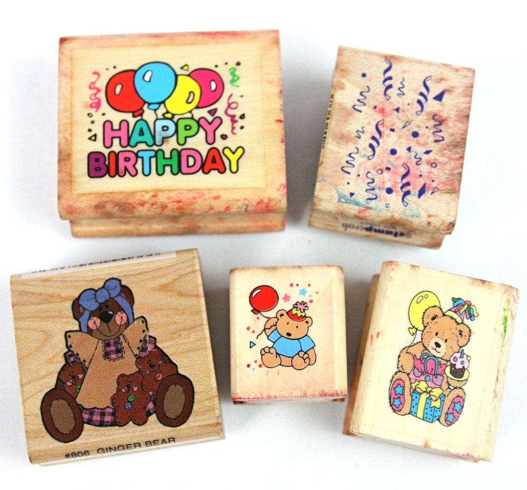 Lot of 5 Teddy Bears Happy Birthday Wood Mounted Red Rubber Stamps ...