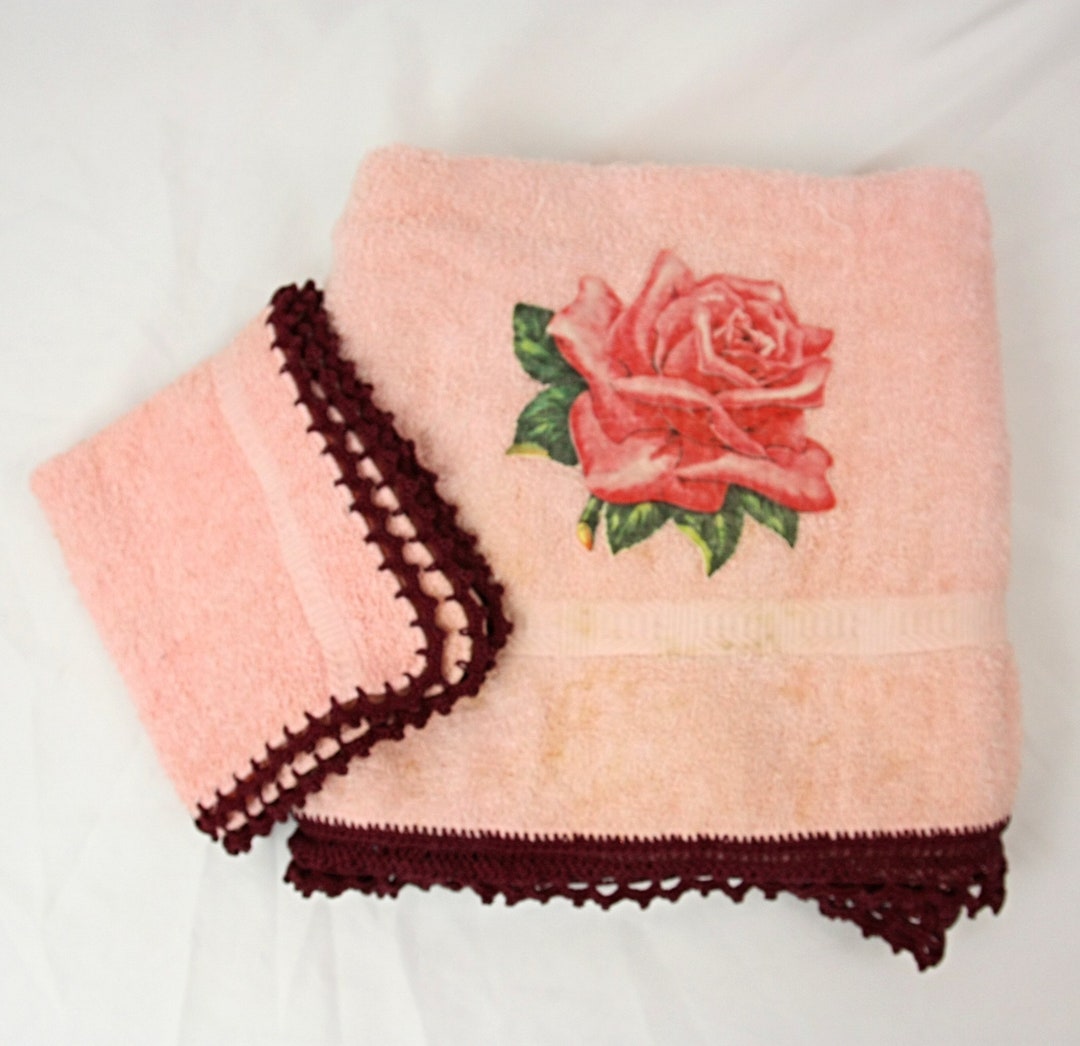 Vintage Muscogee Rose Floral Applique Terry Bath Towel and Wash Cloth ...