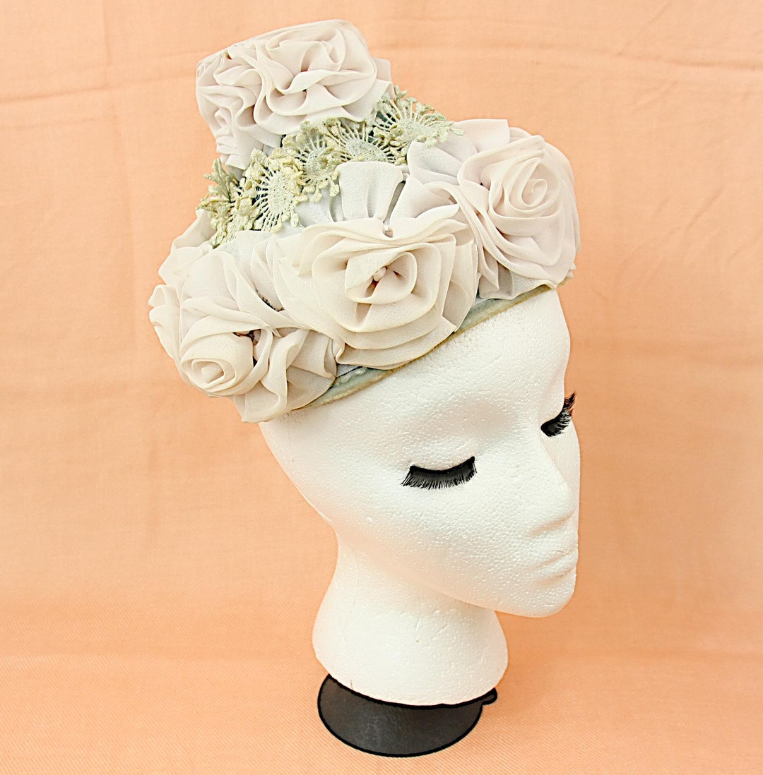 Vintage Elegante Modes Chiffon Floral Flowers Lace Trim Stiff Mesh Hat ...