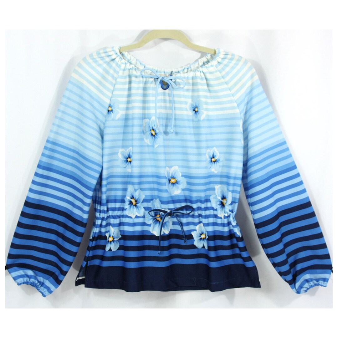 Vintage Miss Fashionality Floral Stripes Keyhole Drawstring Blouse ...