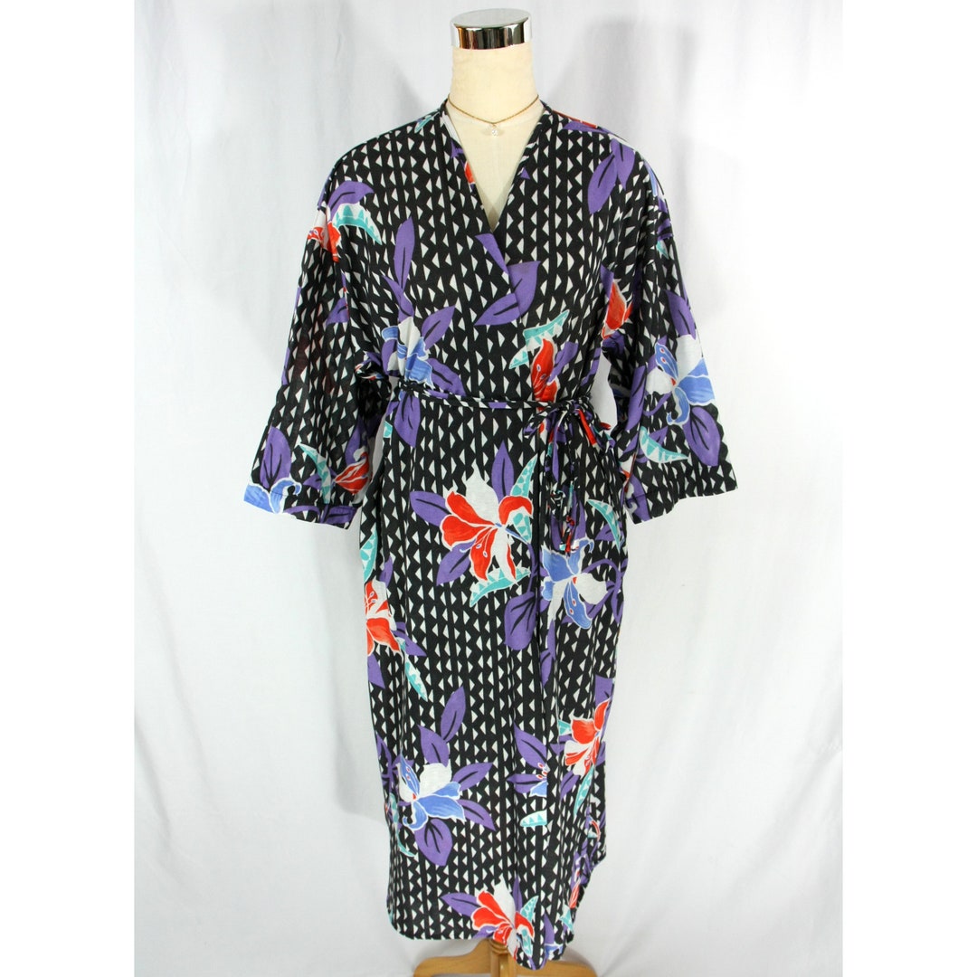 Vintage Keyloun Richard Sivley Floral Lillies Asian Kimono Robe Wrap M ...