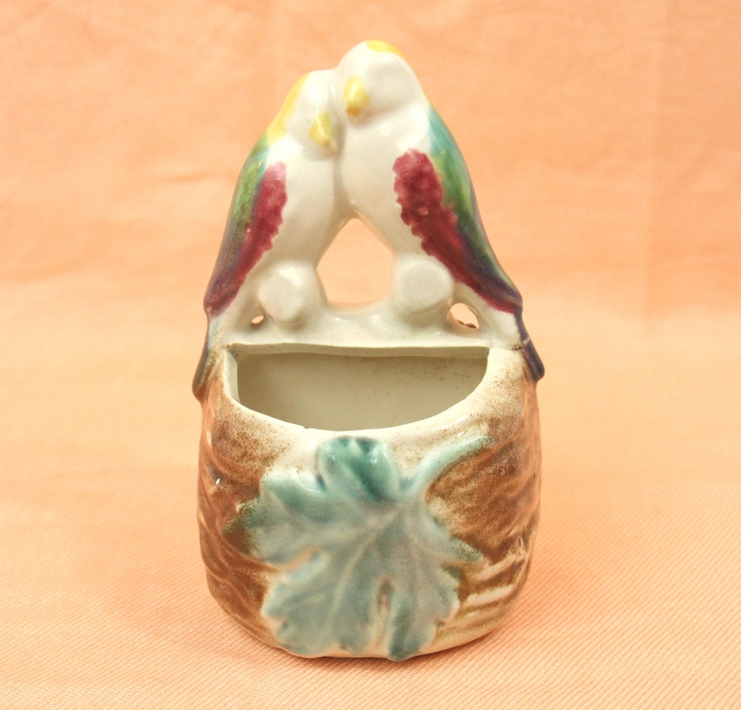 Vintage Ceramic Parrot Pair Love Birds Wall Pocket Bud Vase Planter MCM ...