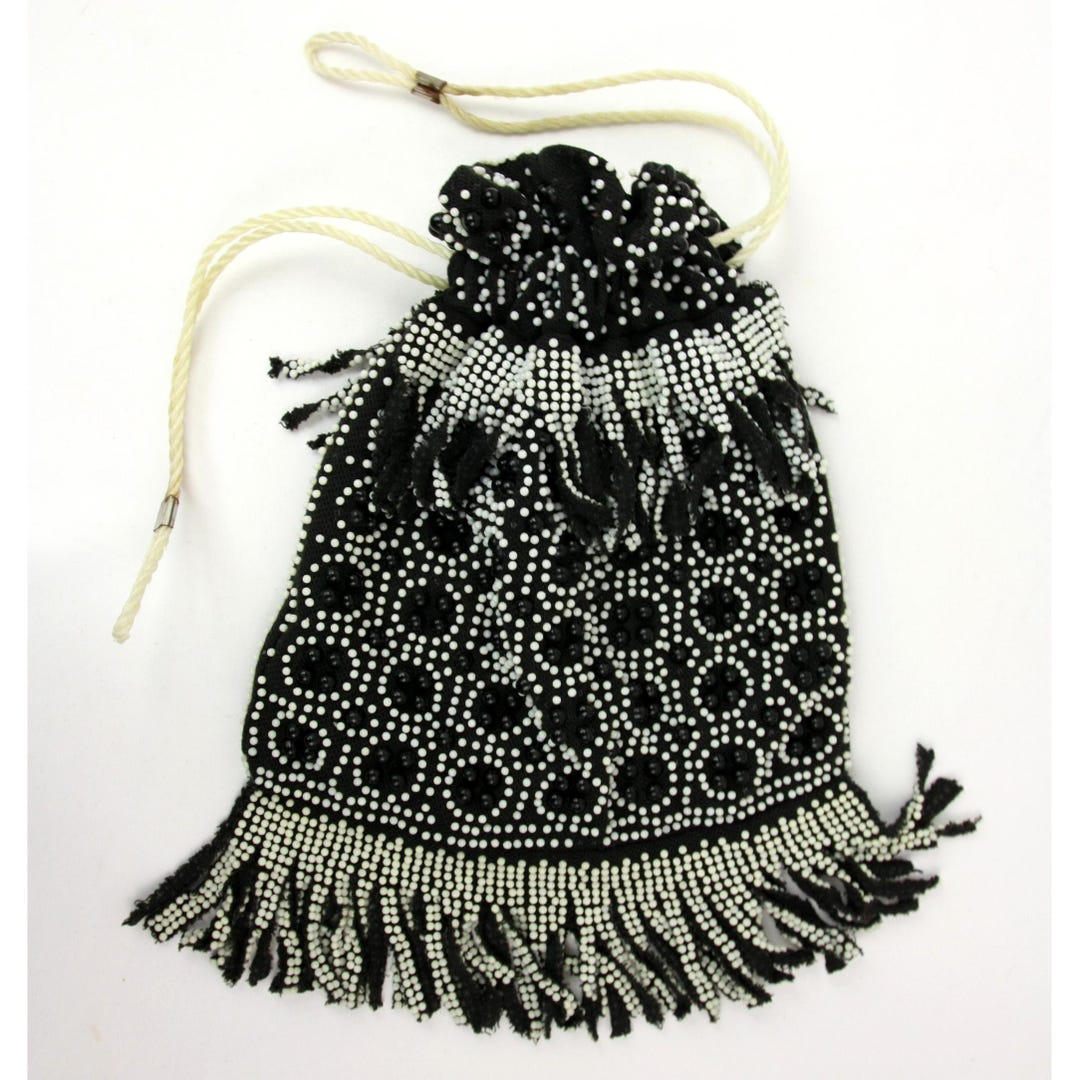 Vintage Beaded Fringe Cotton Canvas Drawstring Bag Purse Black and ...