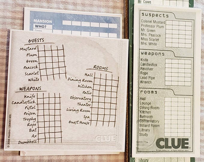Clue Game Suspect Log Sheets Assortment - Vintage Clue Game Score Sheet ...