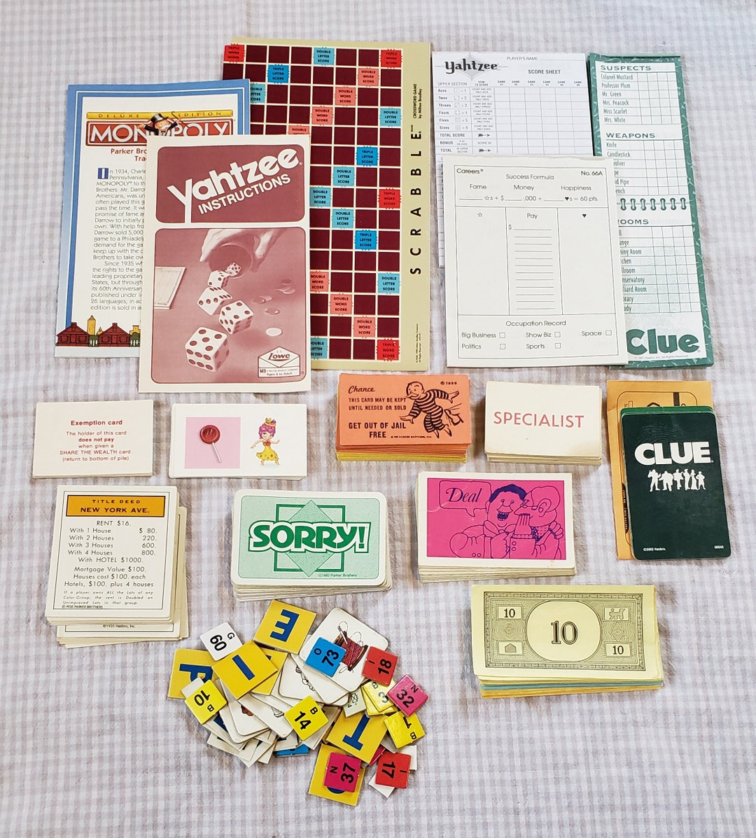 Board Game Ephemera Lot - Board Game Cards - Monopoly Clue Sorry Cards - Game Pieces - Game ...