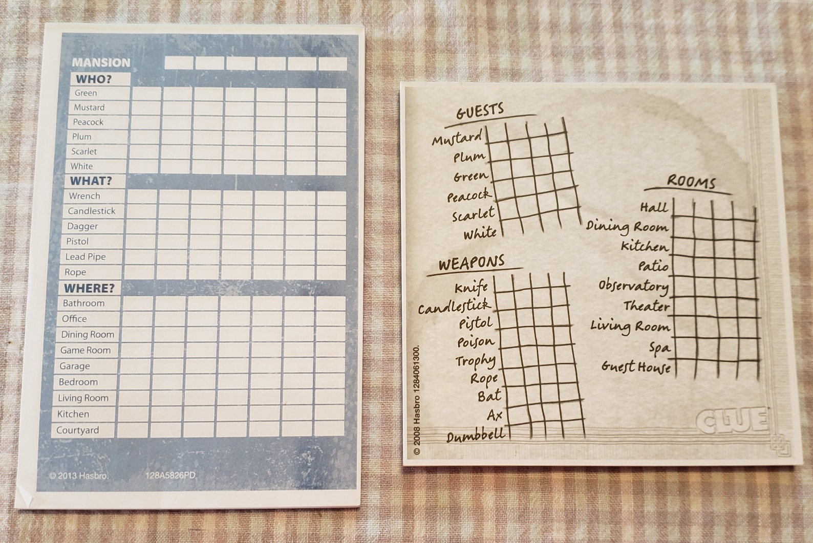 Clue Game Suspect Log Sheets Assortment - Vintage Clue Game Score Sheet ...