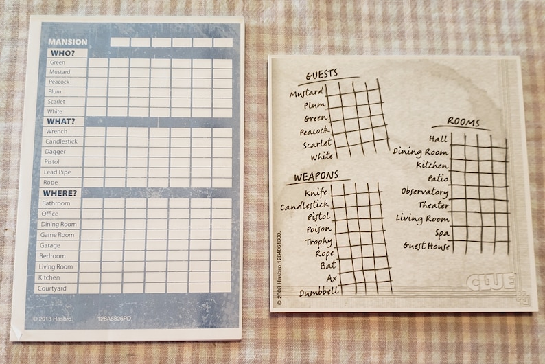 Clue Game Suspect Log Sheets Assortment - Vintage Clue Game Score Sheet ...