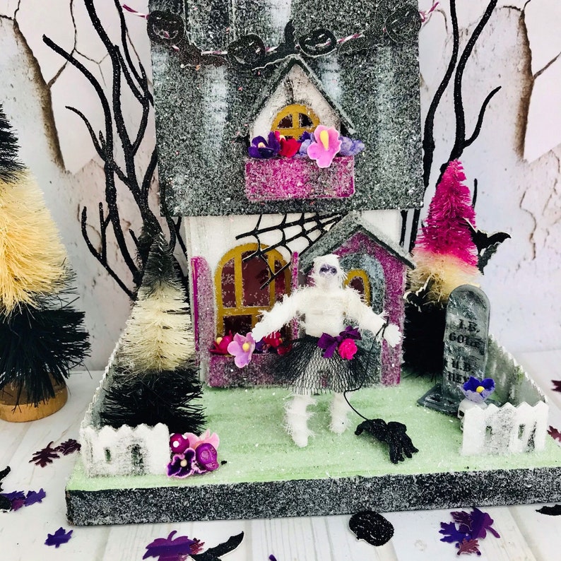 Halloween Putz MS. Mummy House in White Black and Violet | Etsy