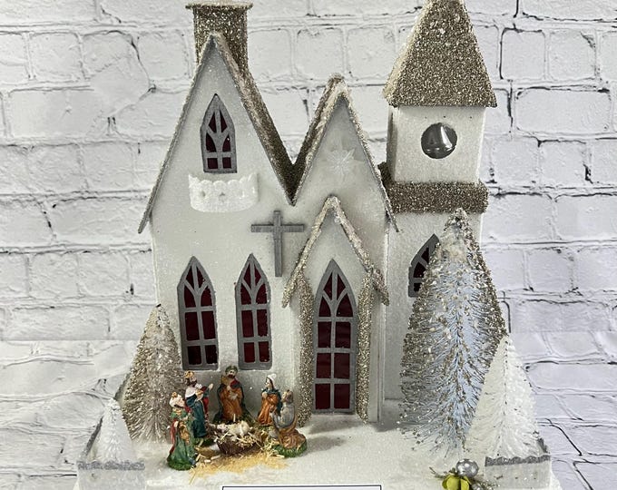 Putz Church White and Silver With Nativity Scene - Etsy