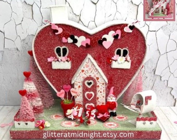 Valentine's Putz Heart House With Teddy Mailbox Candy and Bouquet - Etsy