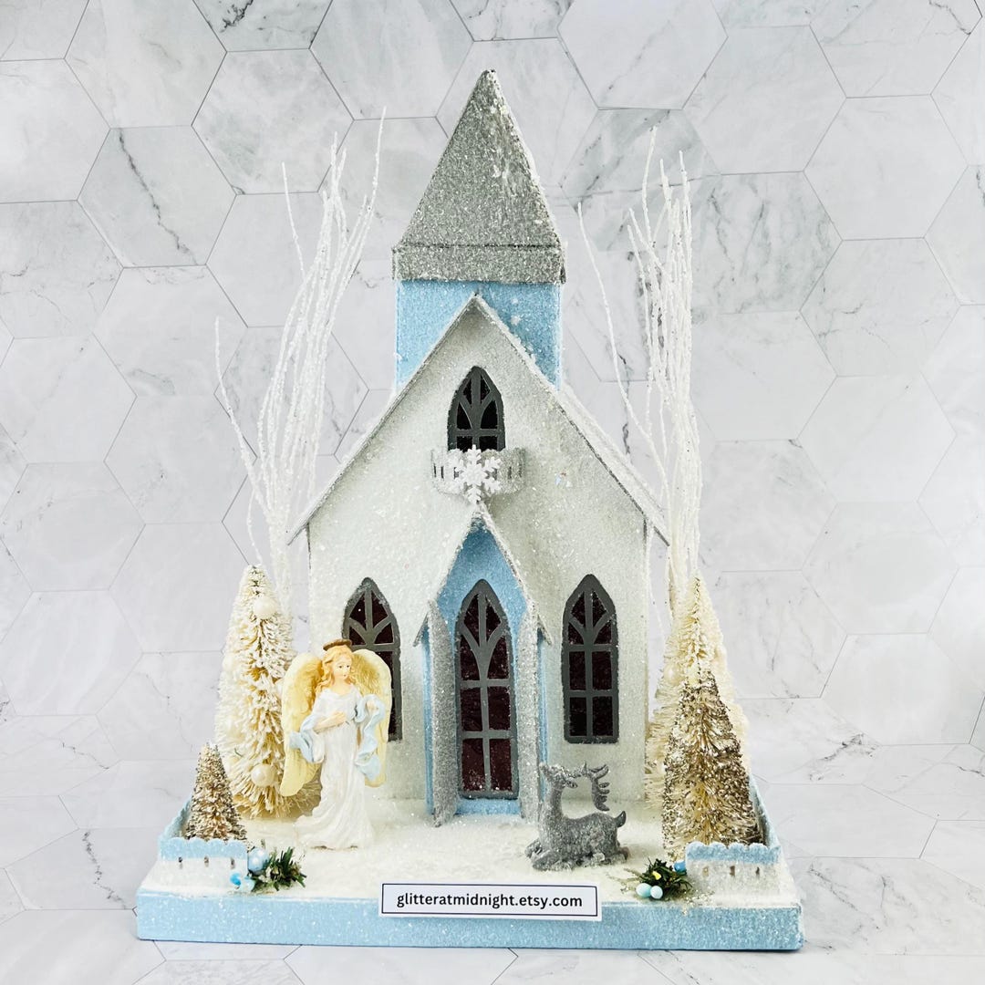 Putz Church (large) White, Blue,silver With Angel - Etsy