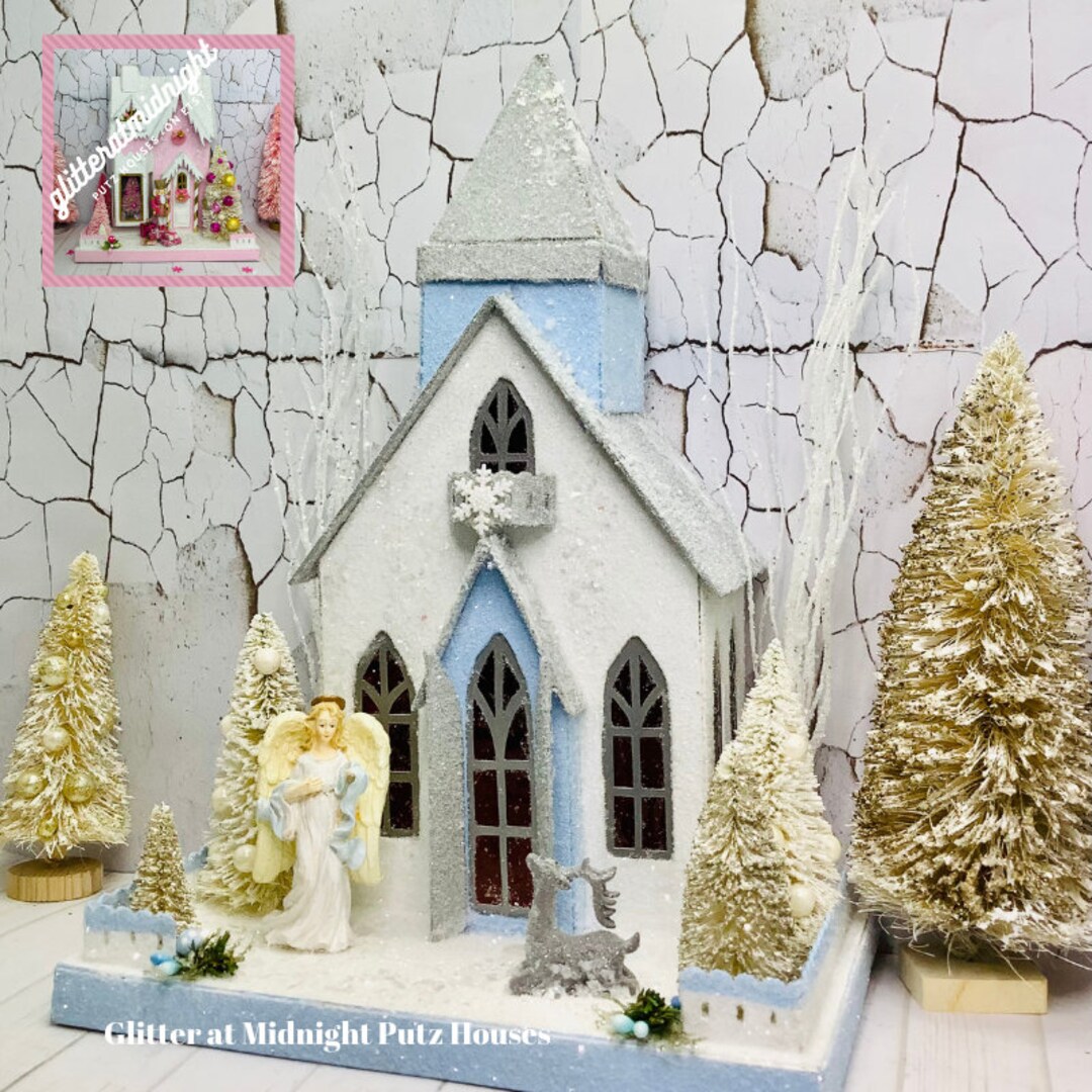 Putz Church large White, Blue,silver With Angel - Etsy