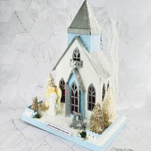 Putz Church large White, Blue,silver With Angel - Etsy