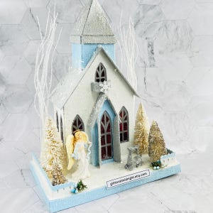 Putz Church large White, Blue,silver With Angel - Etsy